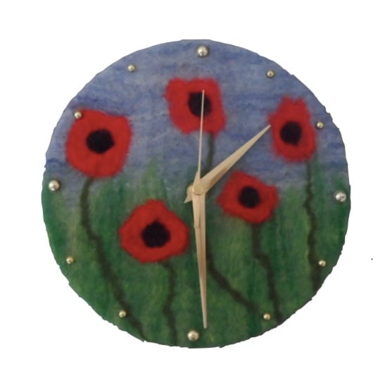 Felted clock, 20cm, with poppy design - Folksy