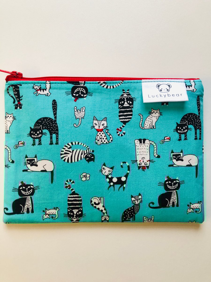 Jade green cat print pouch, fun cat pouch, gift... - Folksy