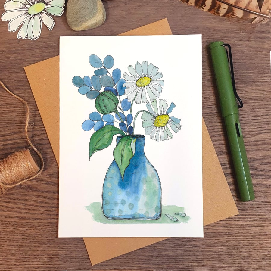 Daisy Blue in a spotty Blue Vase ,Greeting card... - Folksy
