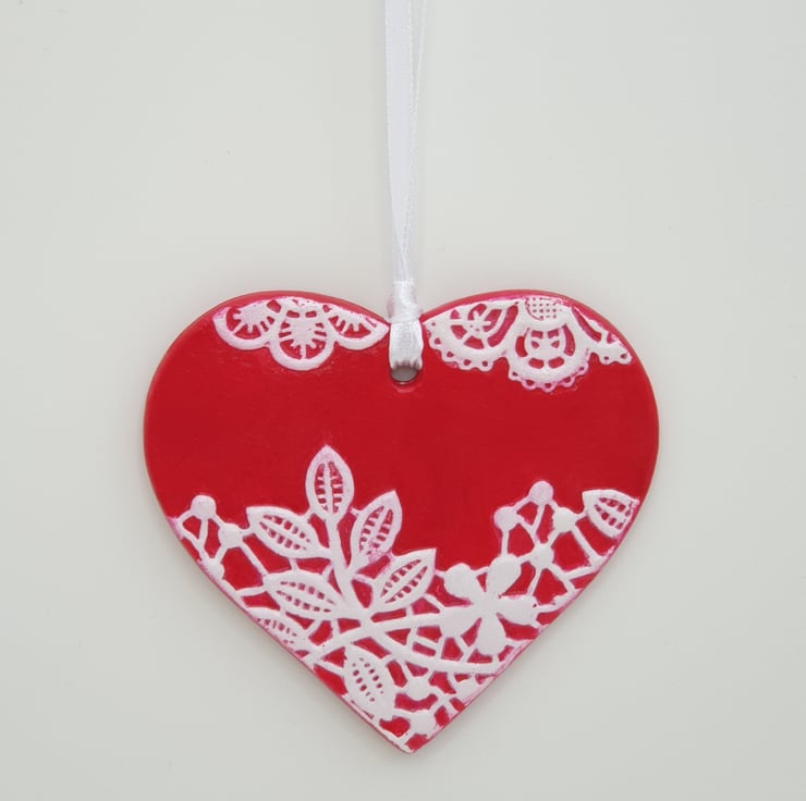 Red love heart clay hanging decoration with tex... - Folksy