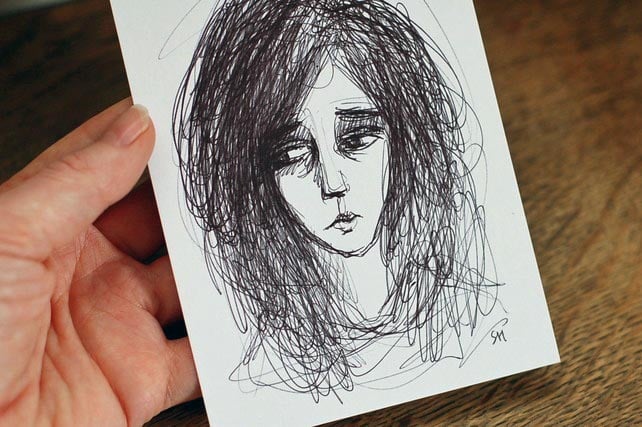 SALE Sad person with big eyes: Original biro po... - Folksy