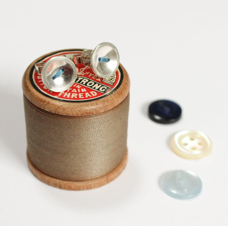 Silver button earring studs, stitched button ea... - Folksy