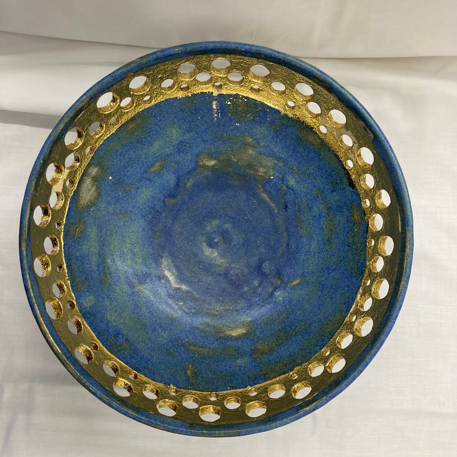 Gold and blue pierced Open bowl - Folksy