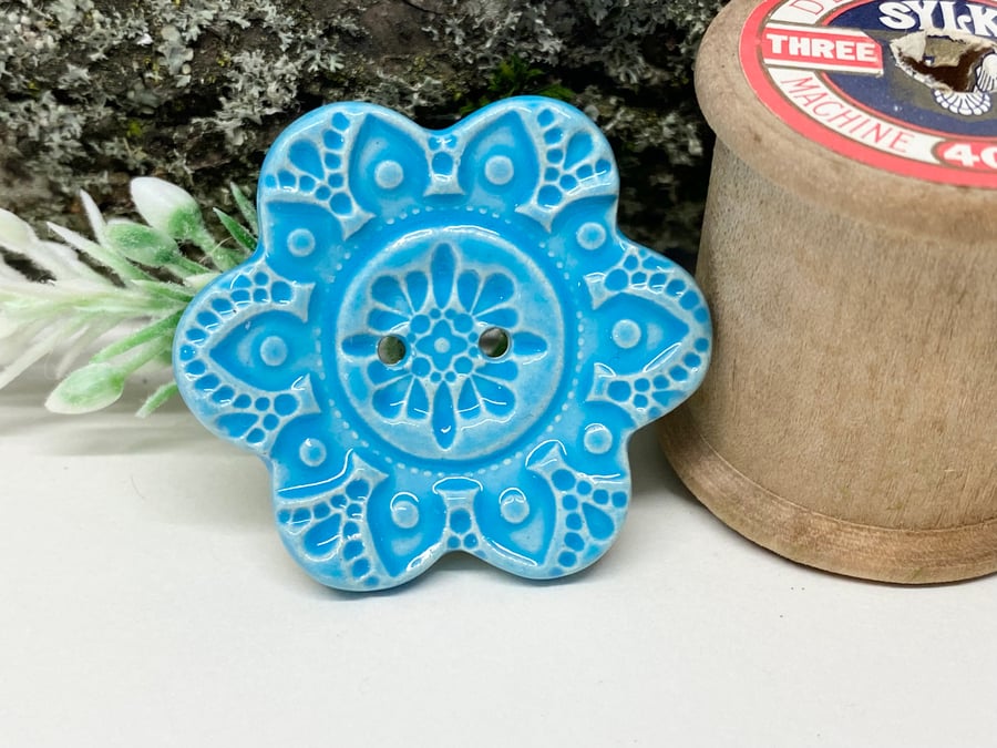 Large ceramic flower shaped button turquoise - Folksy