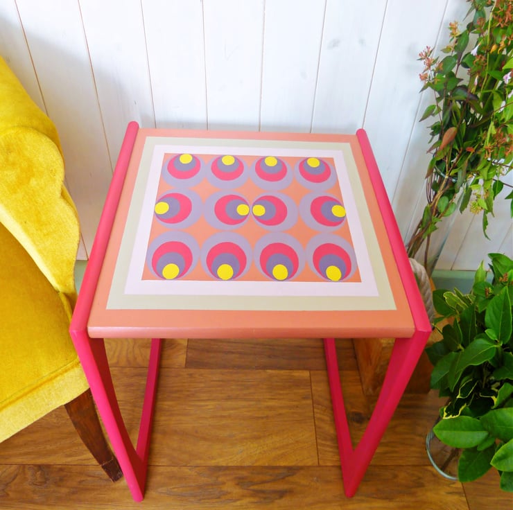 Hand painted boho pink side table with retro de... - Folksy