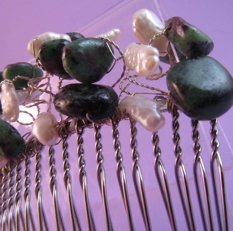 Green Ruby Zoisite Pearl Hair Comb - Folksy