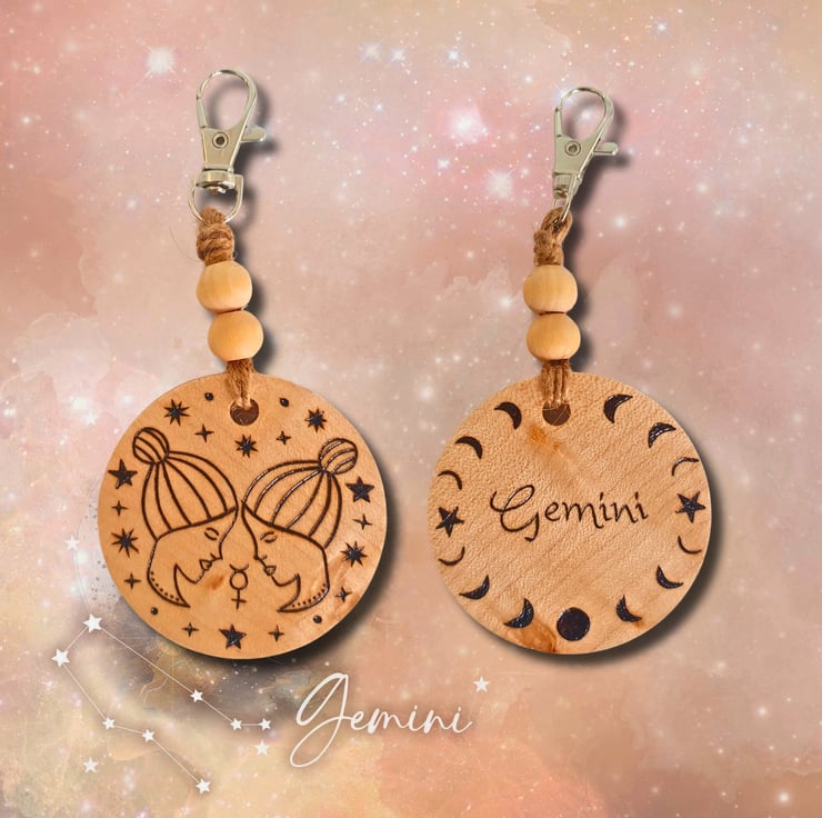 Gemini Zodiac Star Sign Card, Wooden Keyring, o... - Folksy