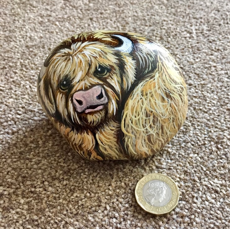 Highland cow painted pebble wildlife animal roc... - Folksy