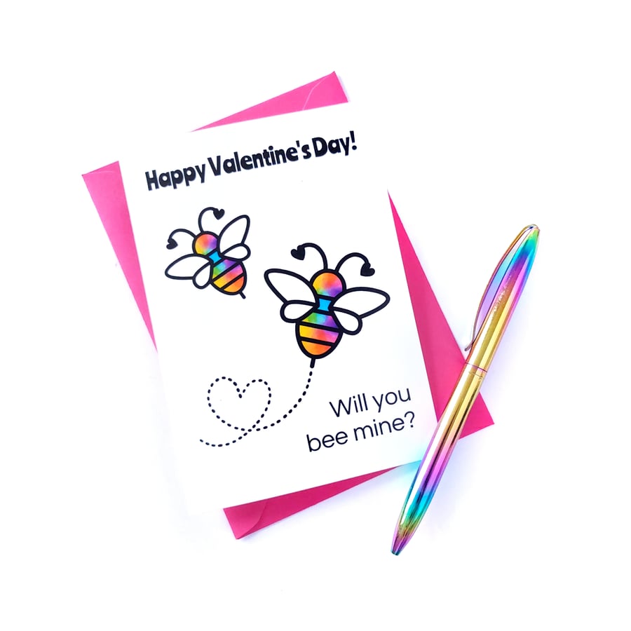 Rainbow Valentine Card - Will you Bee Mine? - Folksy