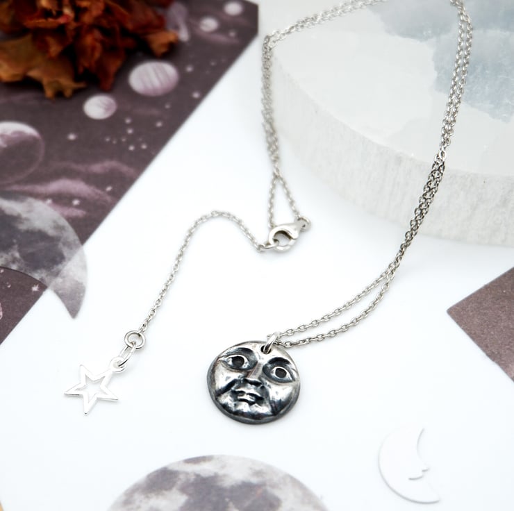 Moon Necklace - Solid Silver Celestial Moon Fac... - Folksy
