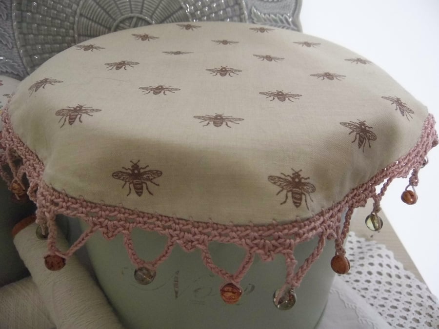Bee print fabric jug cover, with crochet edging... - Folksy