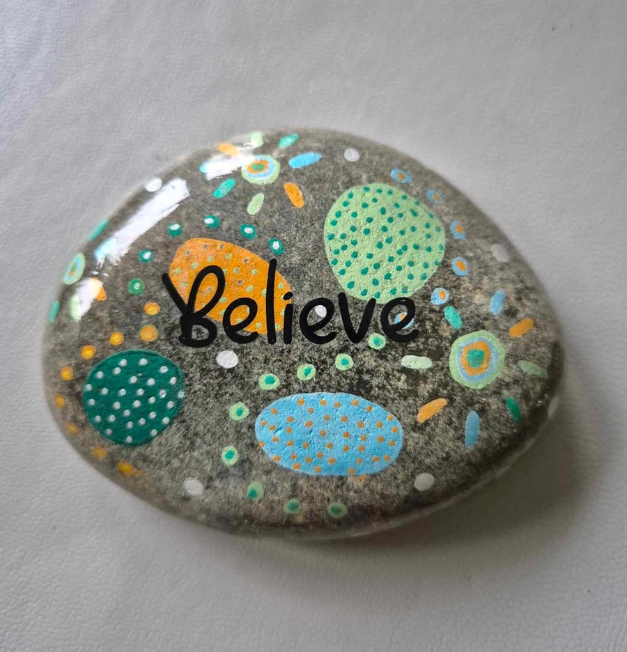 Hand painted pebble stone rock with believe des... - Folksy