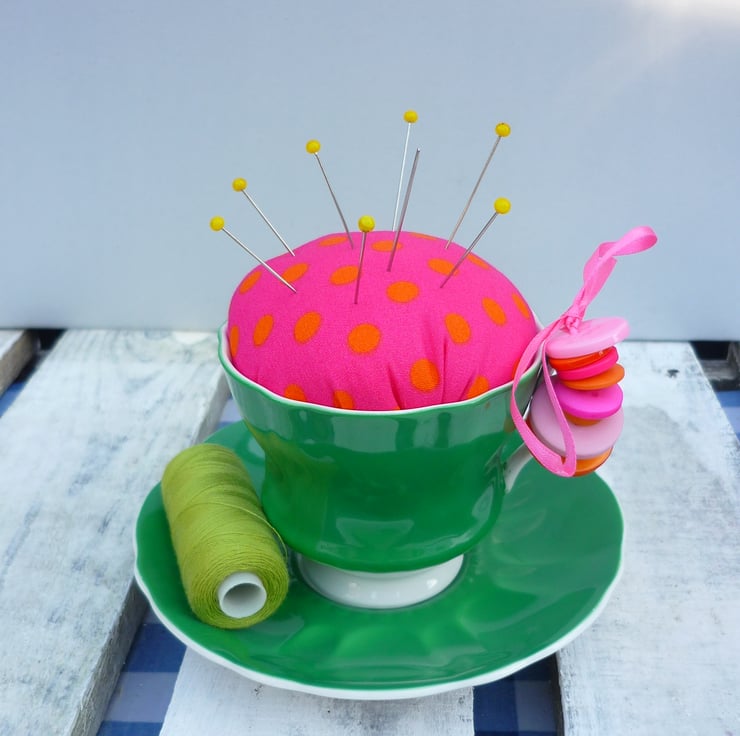 Bright Green Pink Orange Spotty Tea Cup Pin Cus... - Folksy
