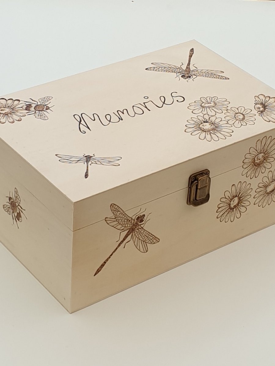 Wood burned memory keepsake box with dragonflie... - Folksy