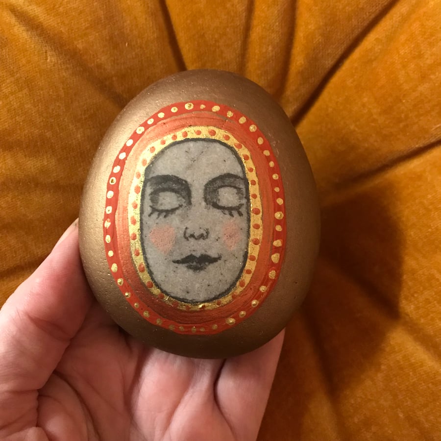 Painted pebble, meditating face - Folksy