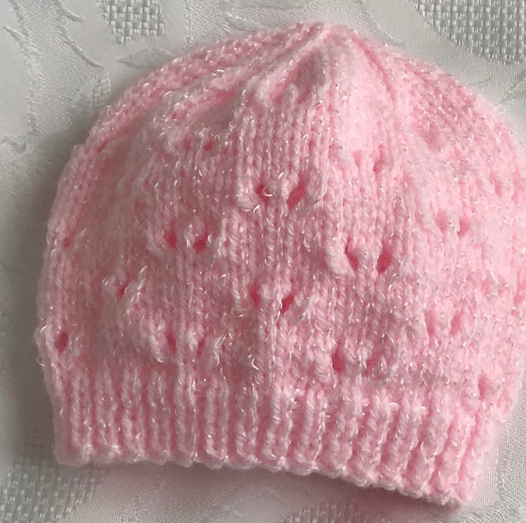 Baby Girl's Hand Knitted Pink Shimmer hat, 0 -... - Folksy