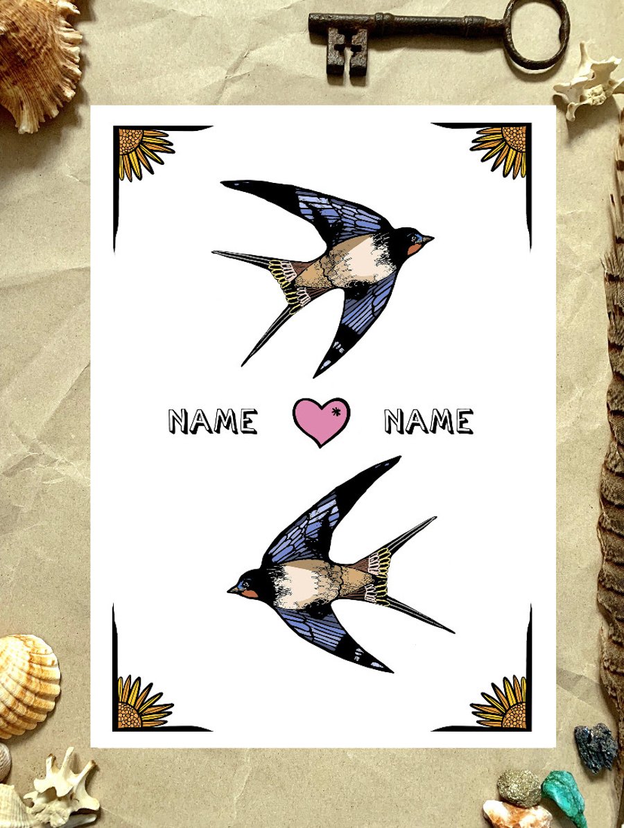 Personalised Valentine's Swallow Bird Print - P... - Folksy