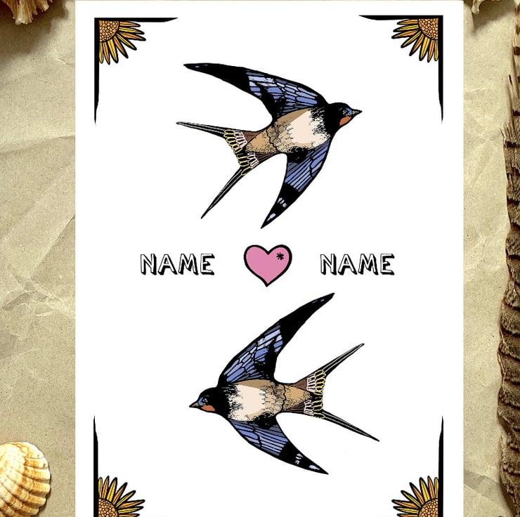 Personalised Valentine's Swallow Bird Print - P... - Folksy