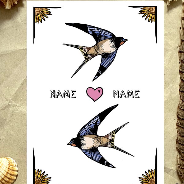Personalised Valentine's Swallow Bird Print - P... - Folksy