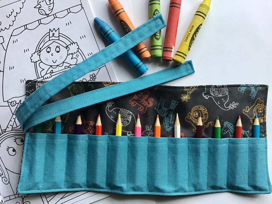 Children’s pencil, wax crayon roll, zoo animal ... - Folksy