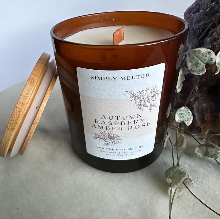 Autumn Raspberry and Amber Rose Wood Wick Candl... - Folksy