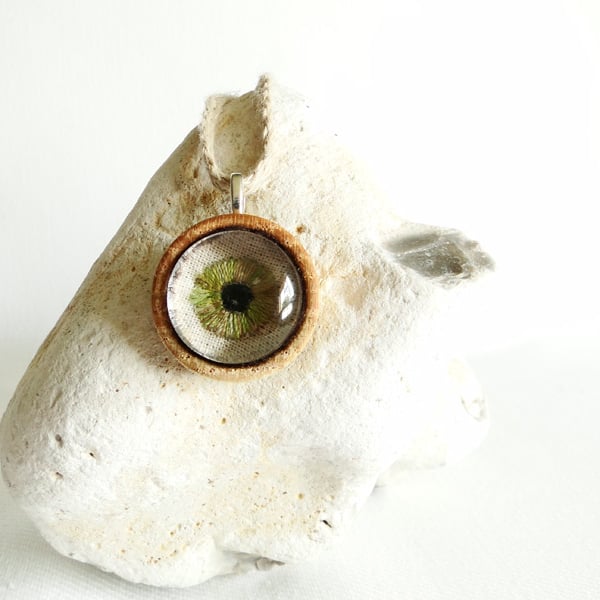 Embroidered Jewellery - Green Eye - Oak Pendan... - Folksy