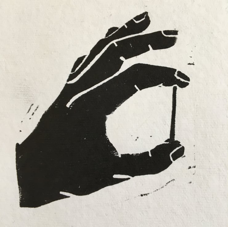 Squeeze, linocut print of hand in silhouette on... - Folksy