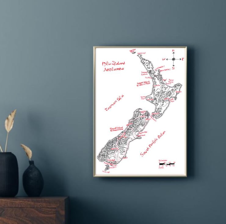 Map of New Zealand Hand Drawn Tolkien Style Map... - Folksy