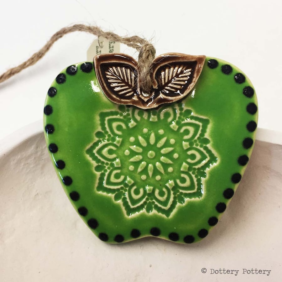 Ceramic Folk art style green apple decoration p... - Folksy