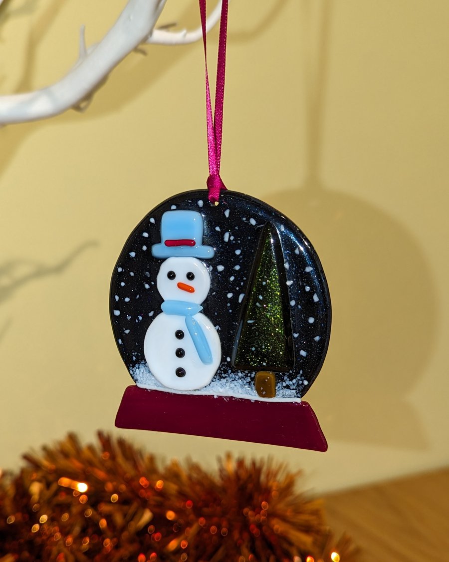 Fused Glass Snowman Snow Globe Style Hanger - Folksy