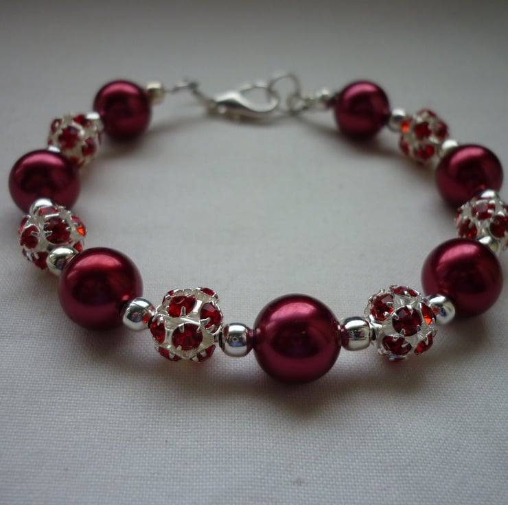 CHERRY RED AND SILVER RHINESTONE BRACELET. 633 - Folksy
