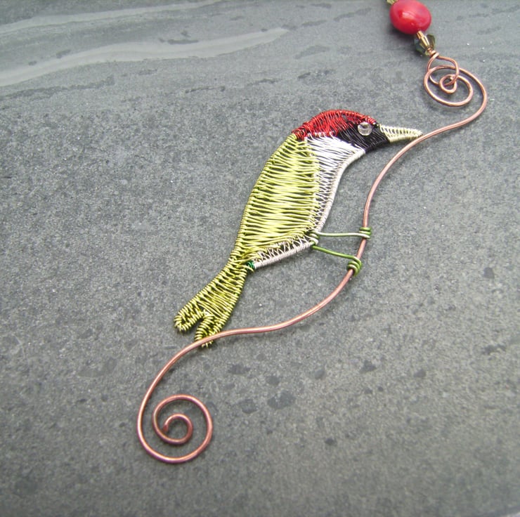 Woodpecker Wire Bird Necklace - Folksy