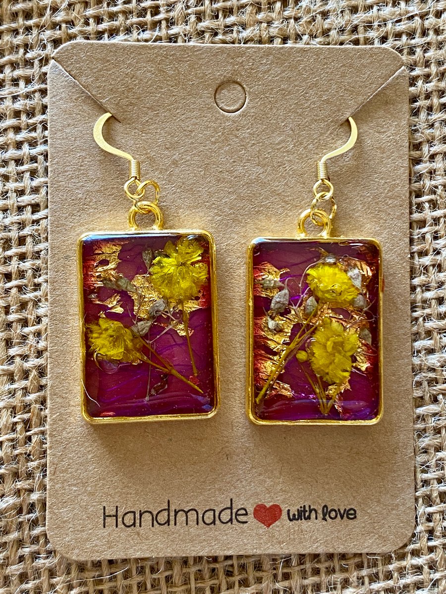 Handmade Rectangular Earrings With Yellow Flowe... - Folksy