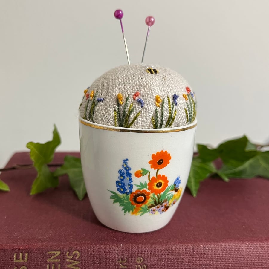 Vintage floral egg cup embroidered pin cushion ... - Folksy