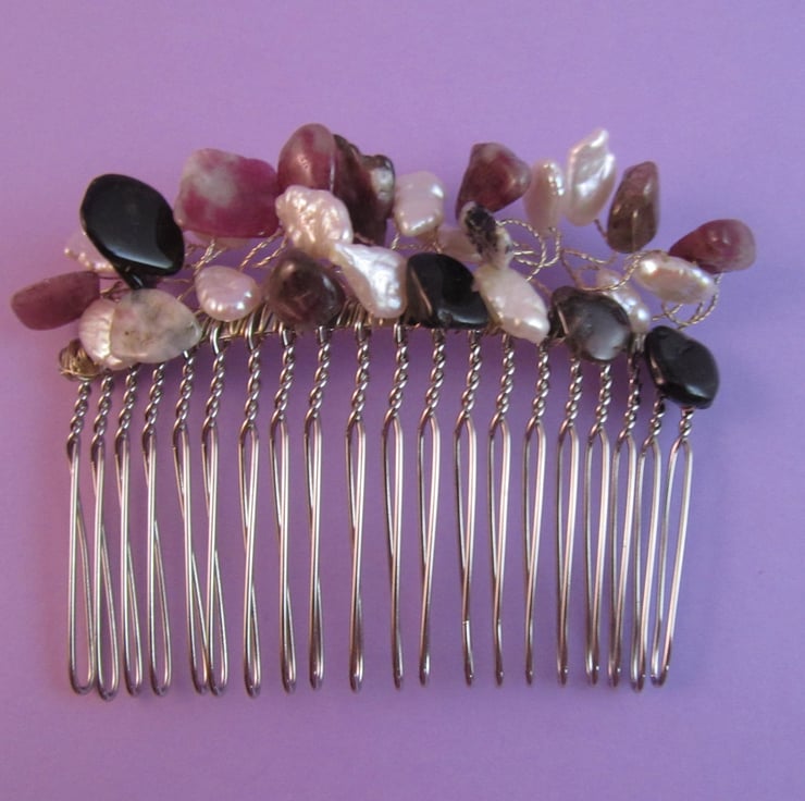 Pink, Black Tourmaline Pearl Hair Comb - Folksy