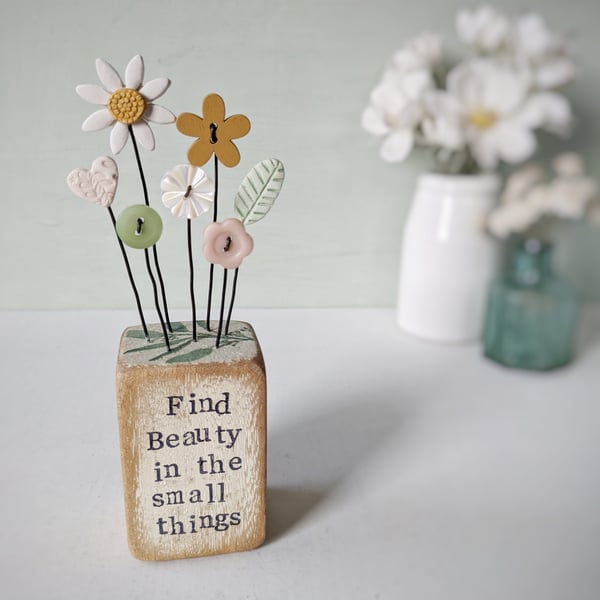 Clay Flower and Button Garden in a Wood Block '... - Folksy
