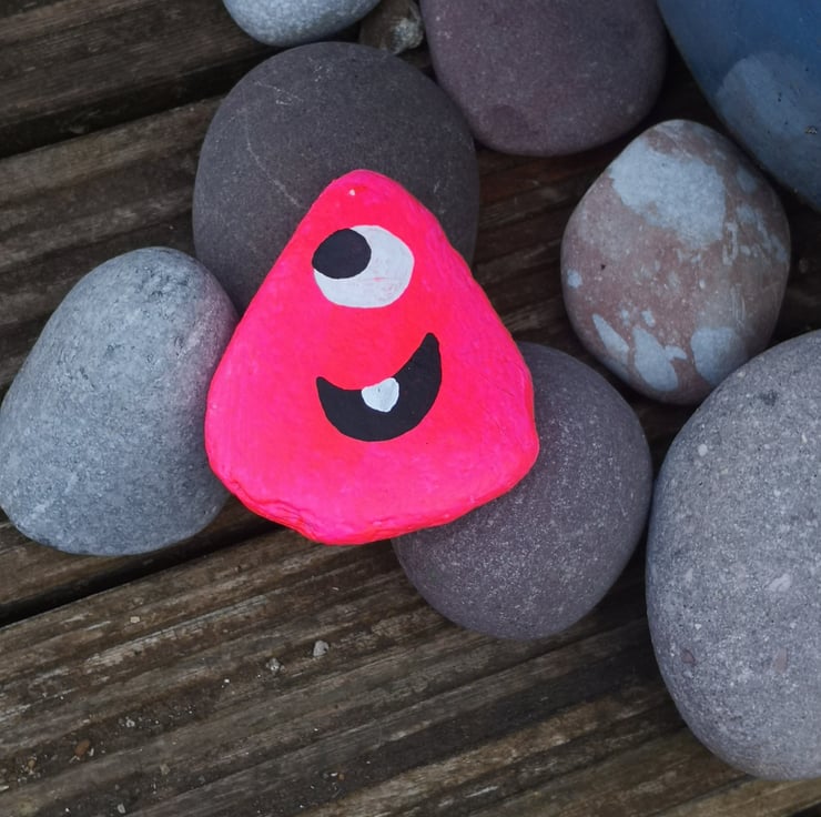 Bright pink funny face painted rock pebble. - Folksy