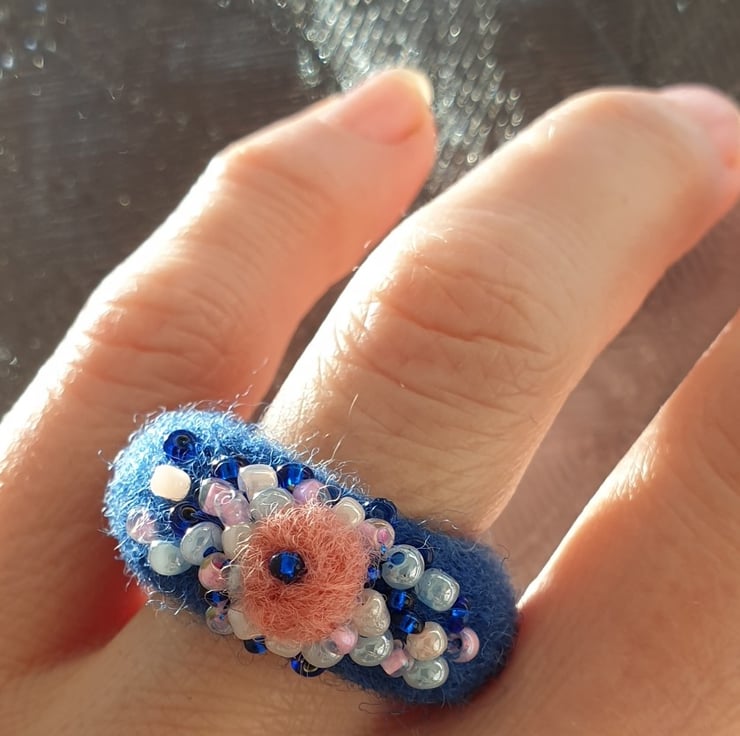 Handmade blue felted ring Unique textile jewell... - Folksy