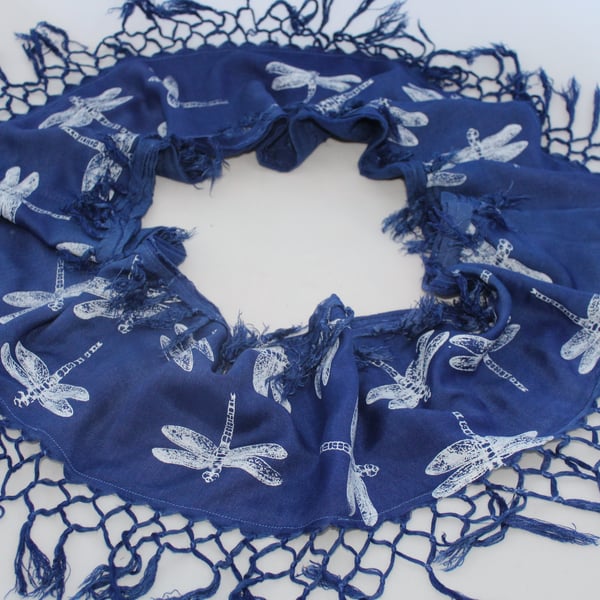 Electric blue scarf,tasseled infinity dragonfly... - Folksy