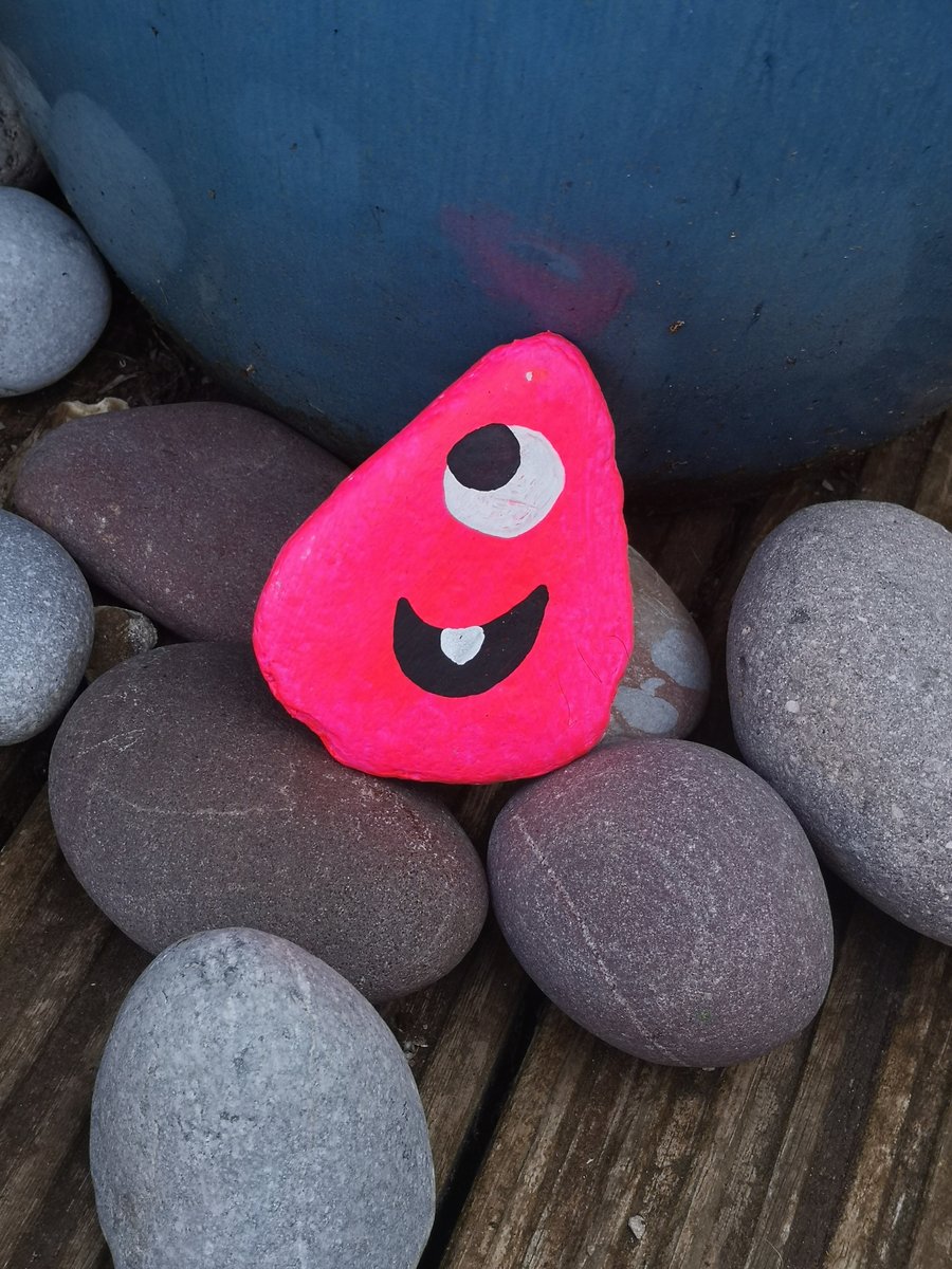 Bright pink funny face painted rock pebble. - Folksy