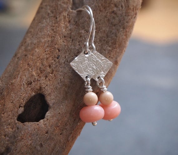 Leaf drop earrings, silver earrings with rose jade - Folksy