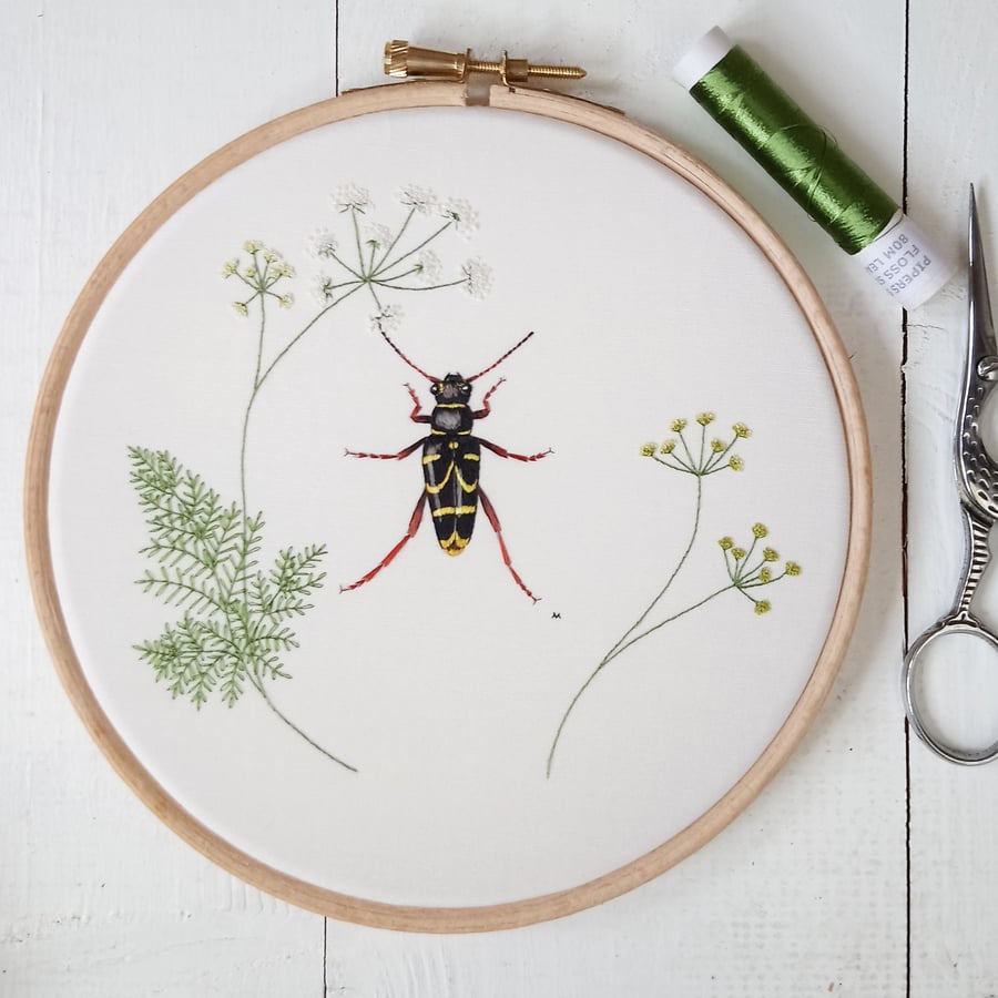 Hand Embroidered Silk Wasp Beetle with Cow Parsley - Folksy