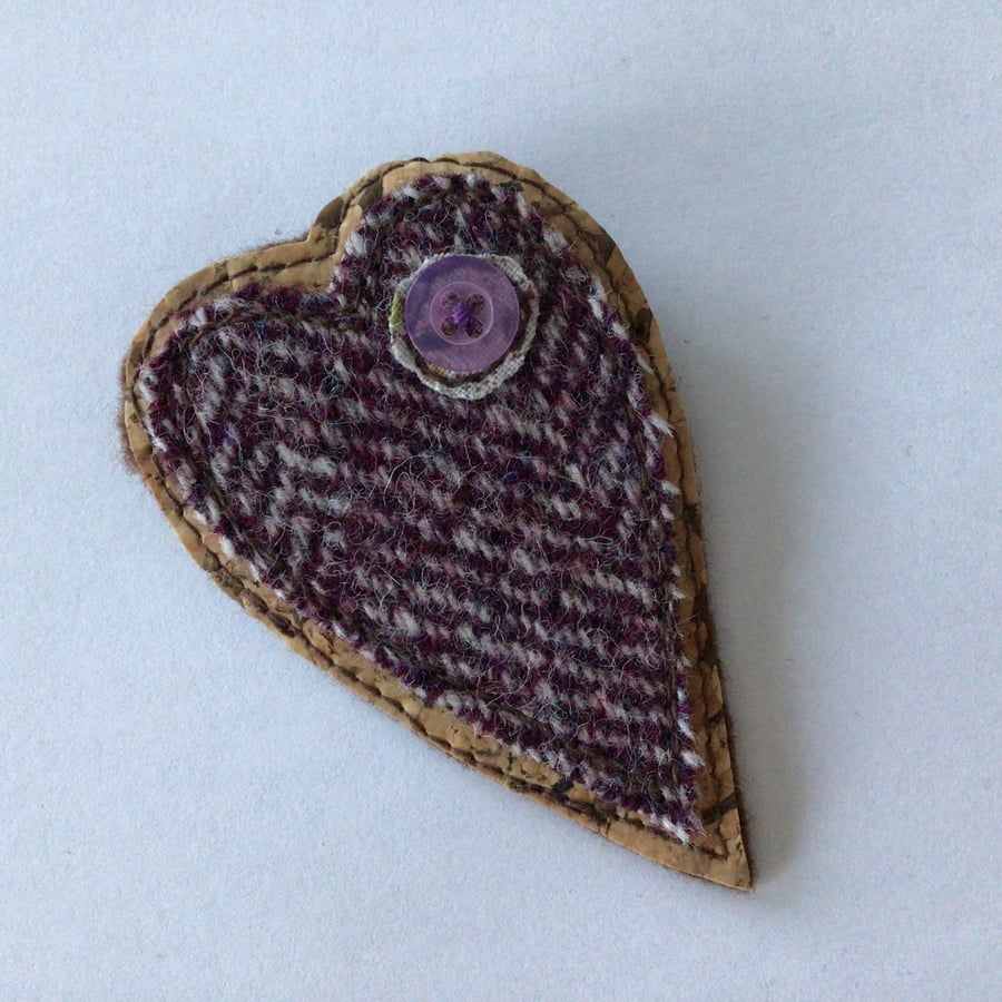 Purple Tweed Wool Appliqué Heart Brooch - Folksy