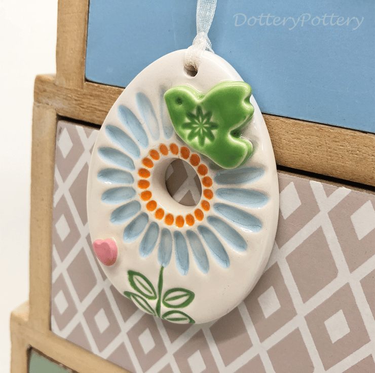 Pottery Easter Egg decoration with blue flower ... - Folksy