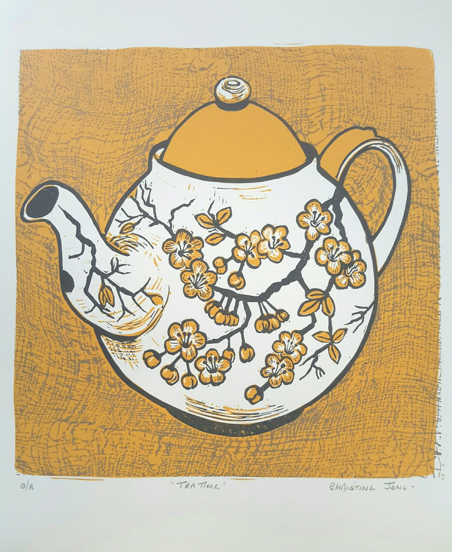 Linocut Yellow Teapot linoprint 'Teatime' kitc... - Folksy