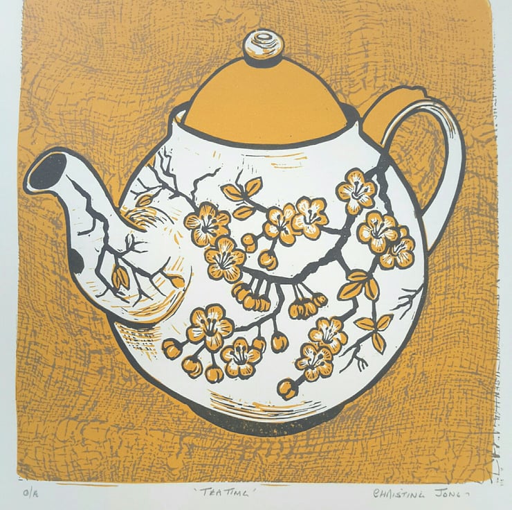 Linocut Yellow Teapot linoprint 'Teatime' kitc... - Folksy