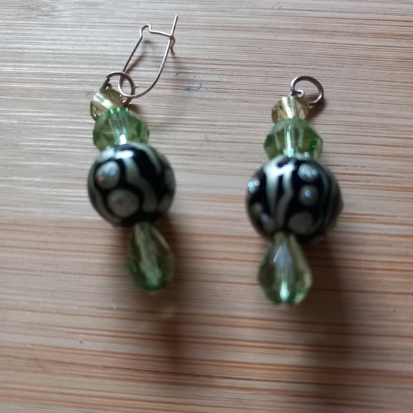 Green and black beaded earrings for pierced ears - Folksy