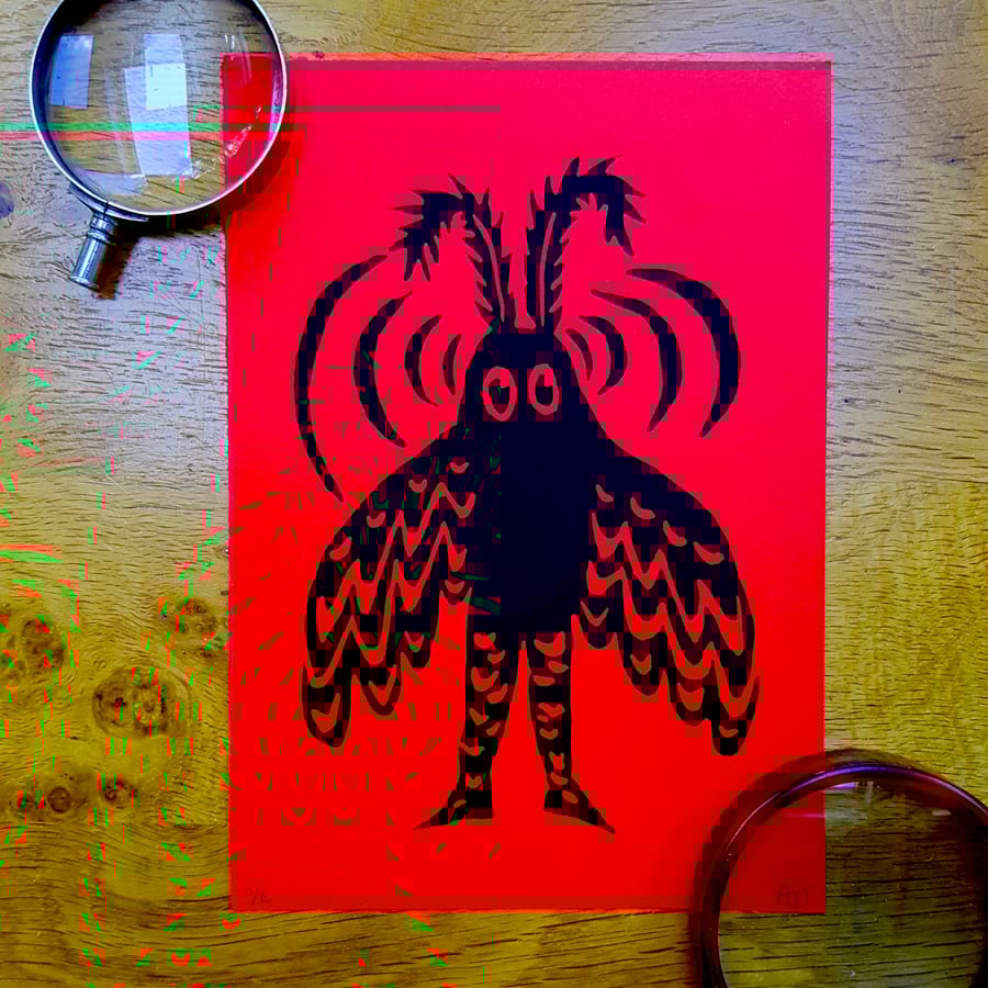 Mothman Art Print - A5 Lino Print - Folksy