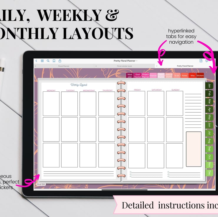 Mixed Floral Undated Digital Hyperlinked Planne... - Folksy