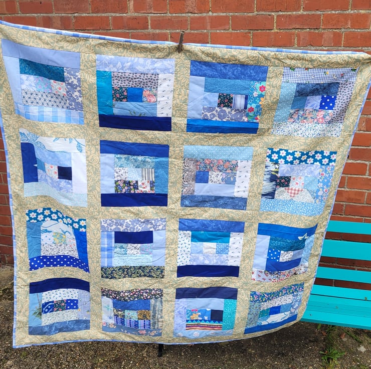 Homemade Blue Log cabin Patchwork quilt (2) - Folksy